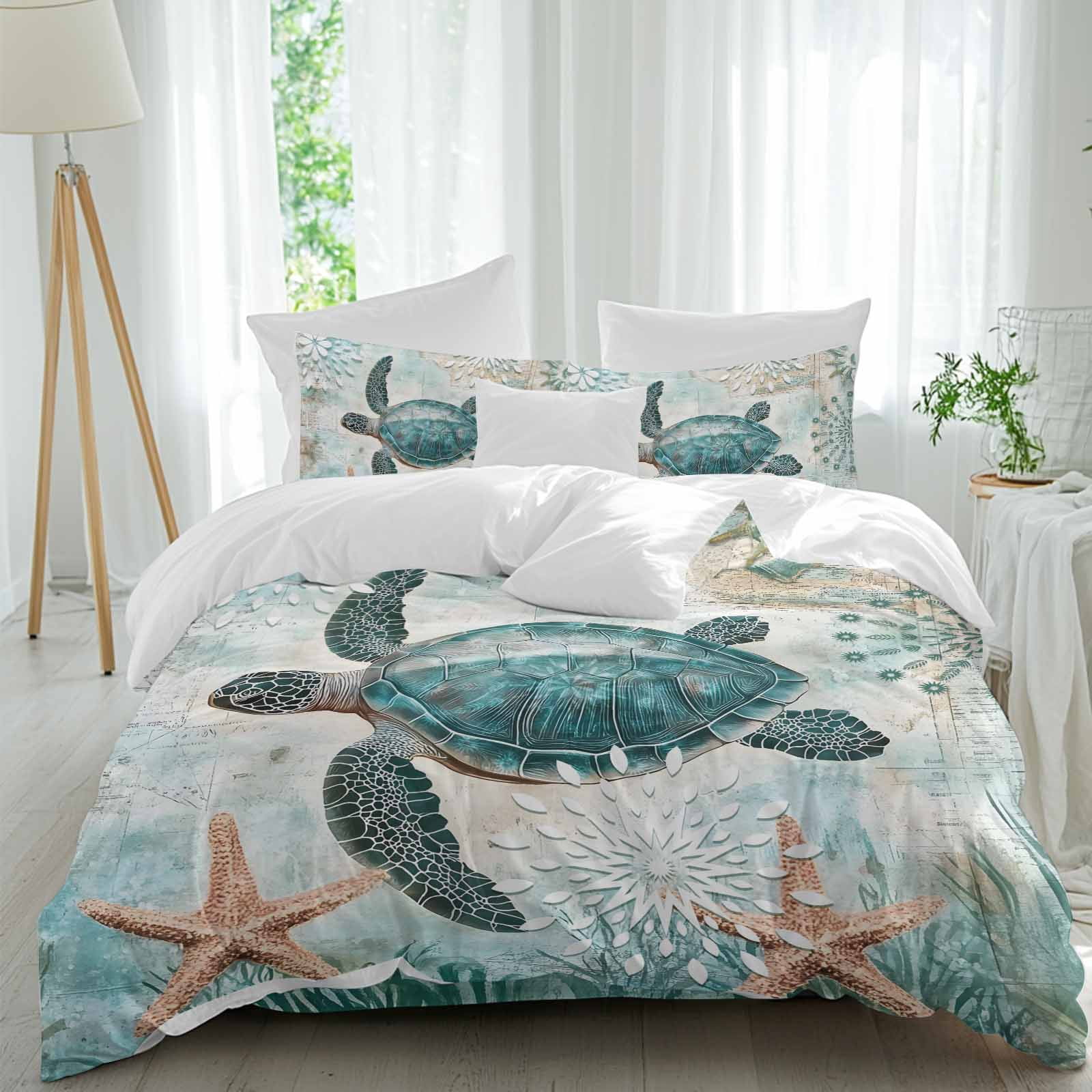Vintage Sea Turtles Duvet Cover Set Queen Size, Oceans Sea Stars Corals ...