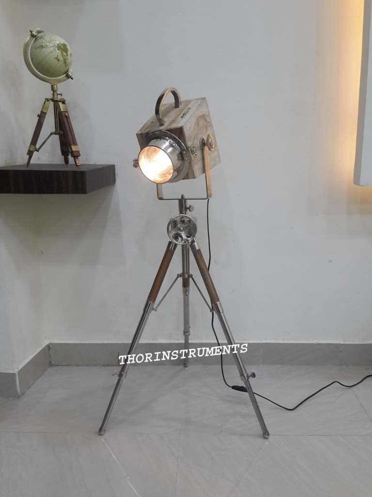 Vintage Searchlight Chrome Finish Wooden Light With Table Tripod ...