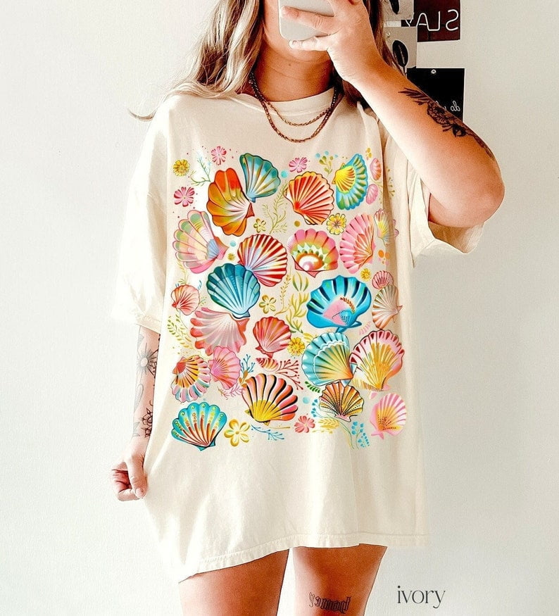 Vintage Seashells Tshirt Cotton Cottagecore Aesthetic Shirt Nautical ...