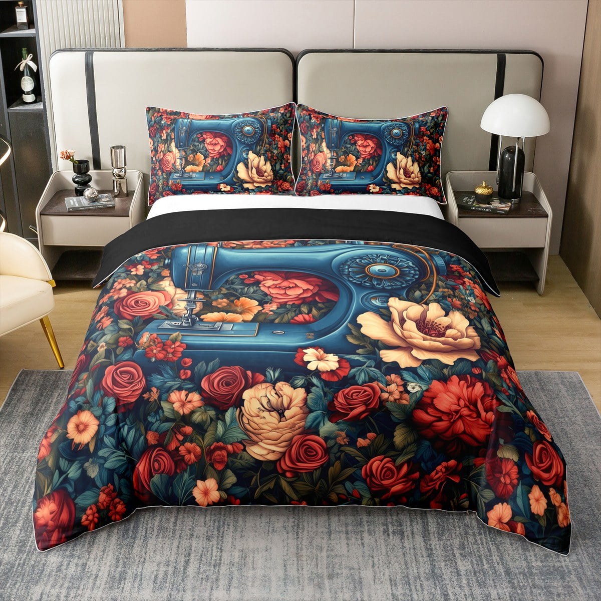 Vintage Sewing Machine 100% Cotton King Duvet Cover 3 Pcs Retro Red ...