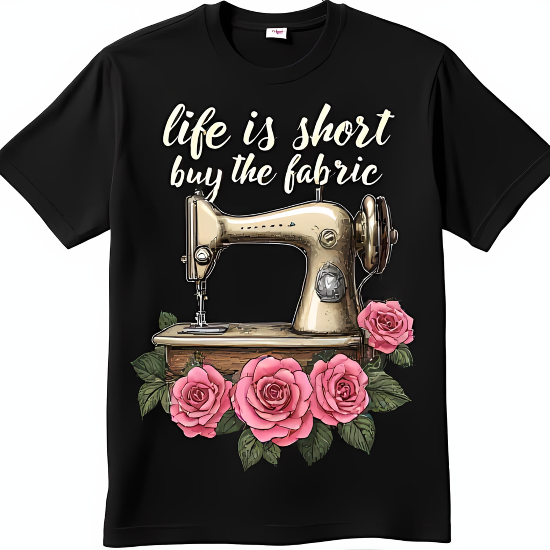 Vintage Sewing Machine T-Shirt with Pink Roses 'Life is Short Buy the ...