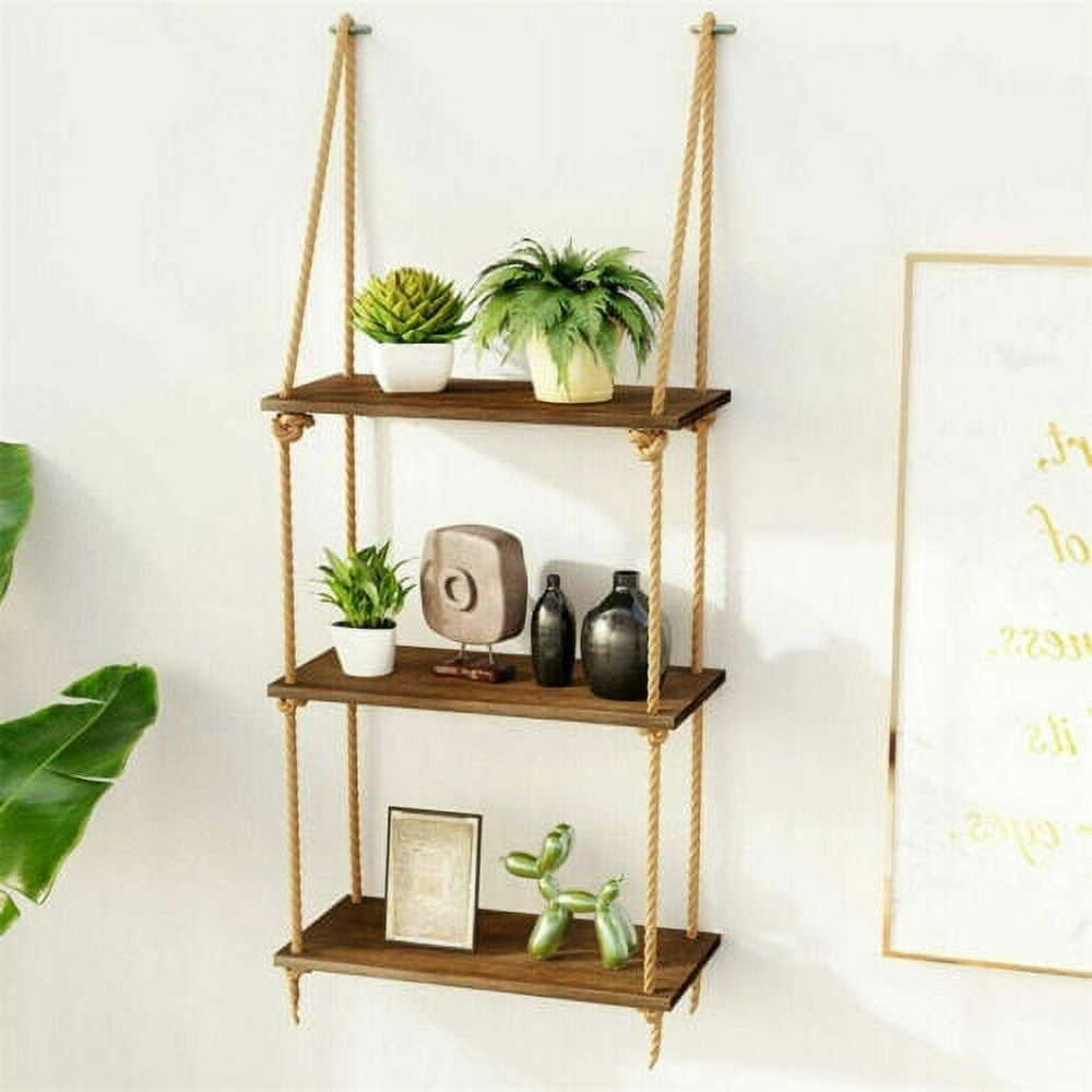 Vintage Shabby Chic Solid Wood Rope Hanging Wall Shelf Home Storage ...