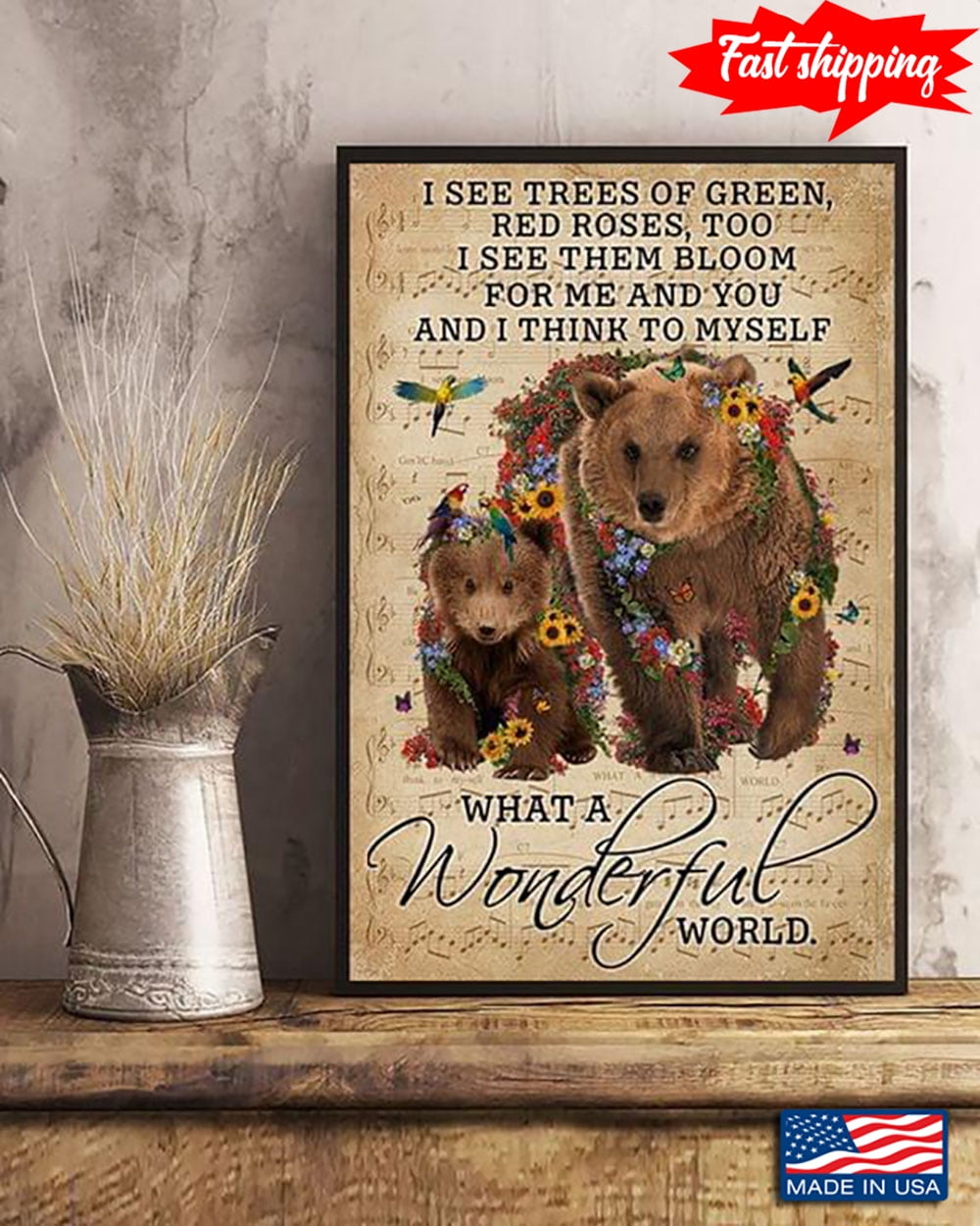 Vintage Sheet Music Theme Floral Bears & Parrots I See Trees Of Green ...