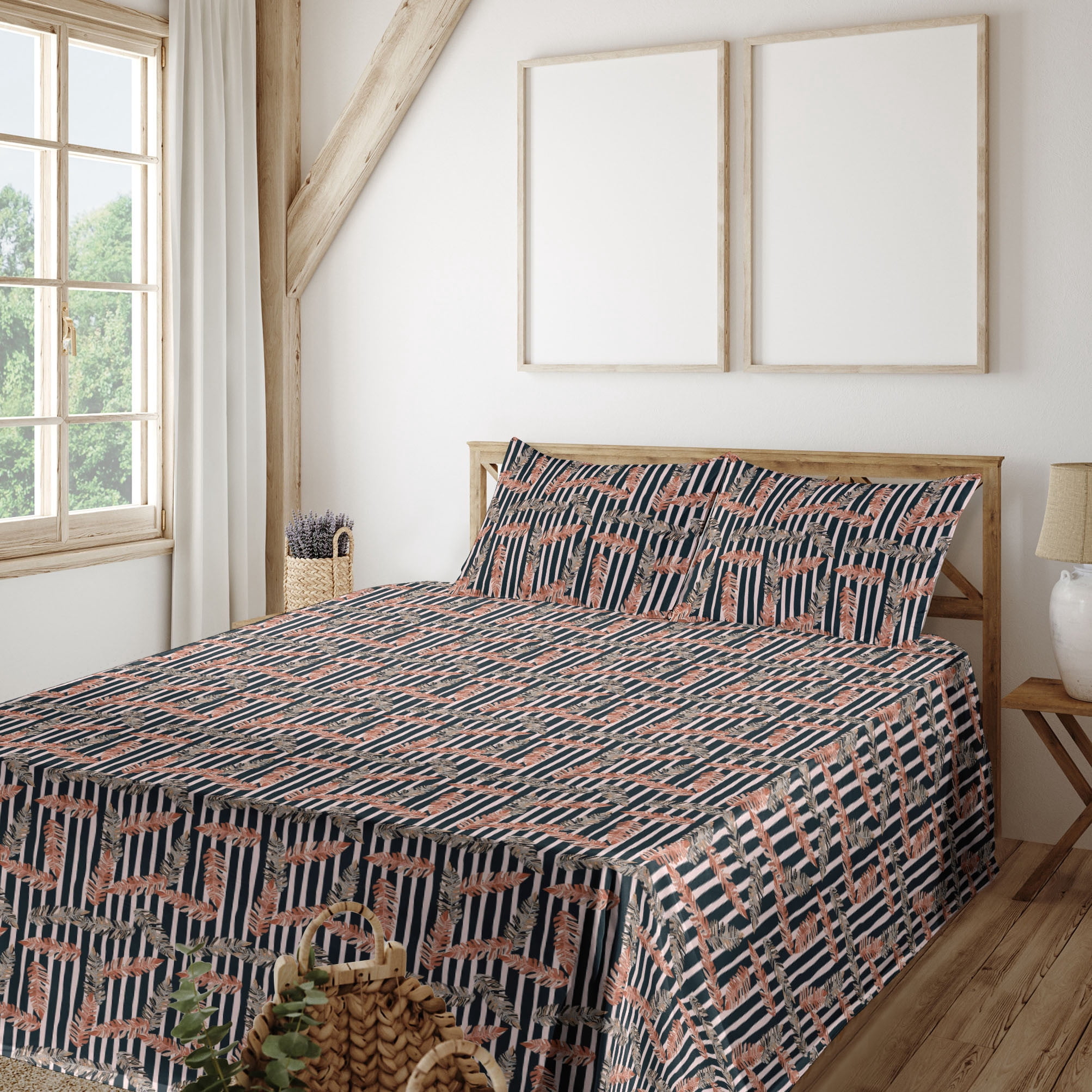 Vintage Sheet Set, Romantic Style Illustrated Leaves Drawing on Striped ...