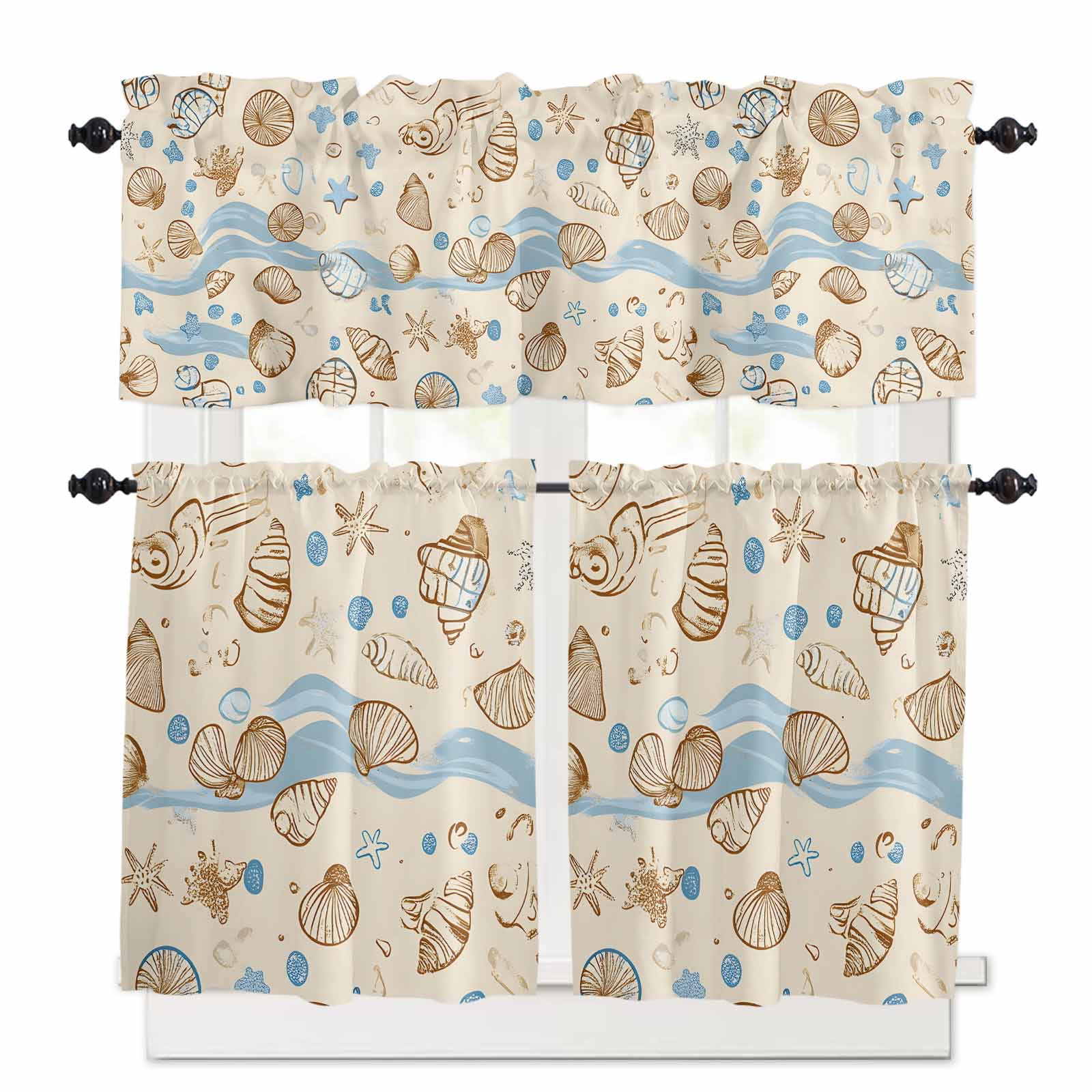 Vintage Shell Kitchen Curtains and Valances Set, Brown Conch Starfish ...