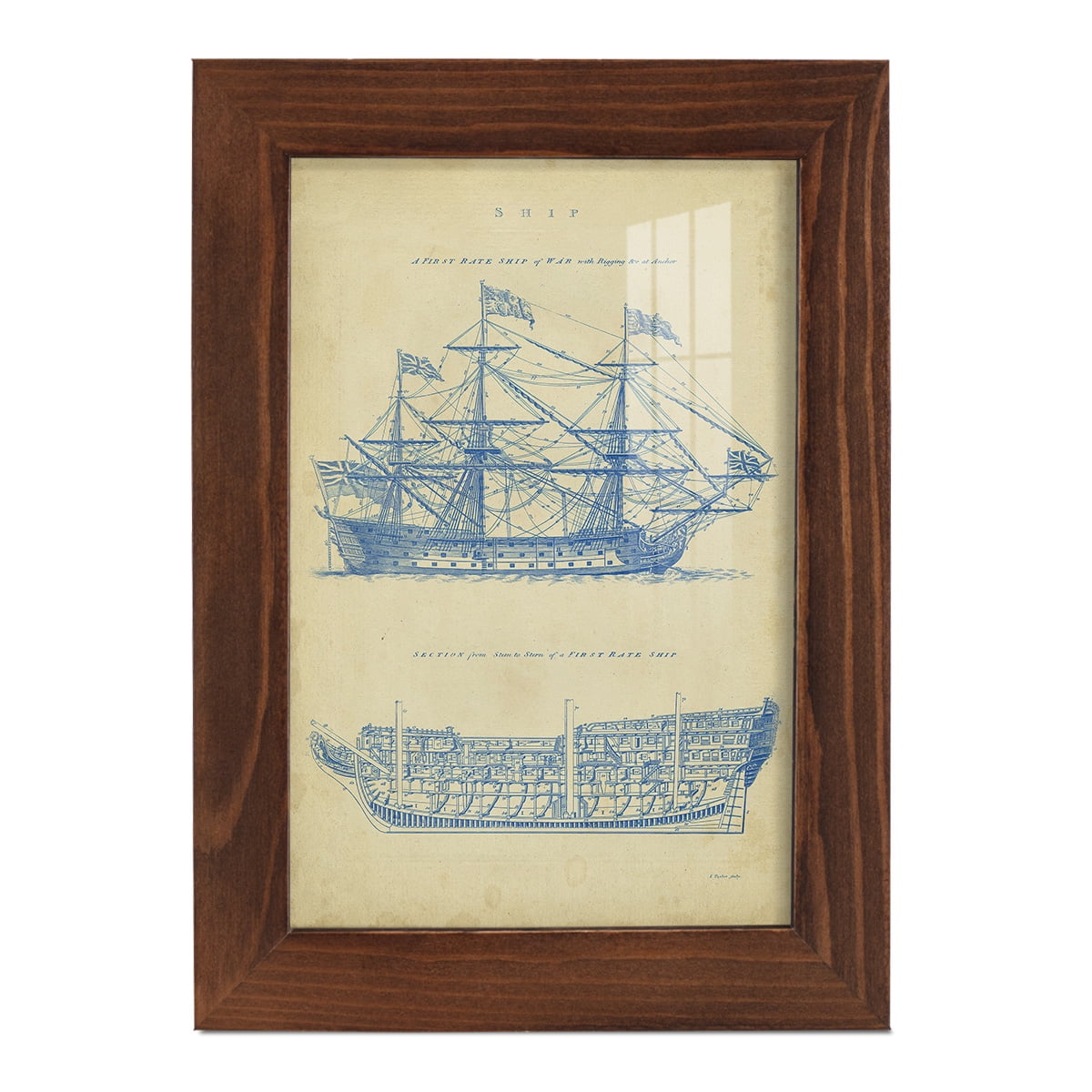 Vintage Ship Blueprint -Framed Print w/glass-Chestnut - Walmart.com