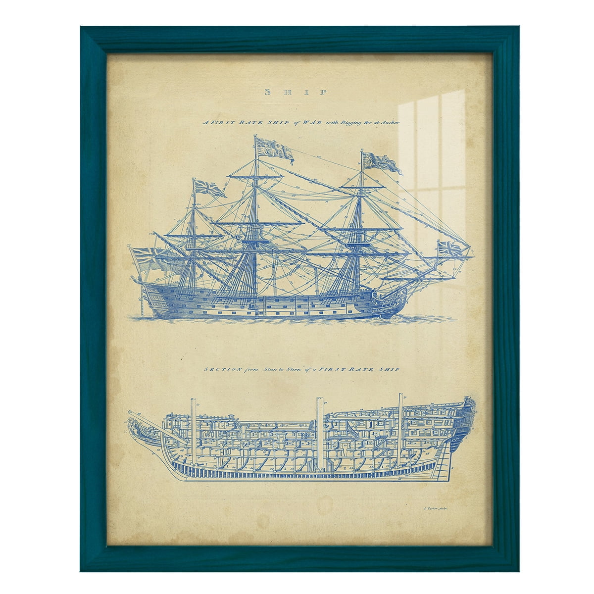 Vintage Ship Blueprint -Framed Print w/glass-Ocean Blue - Walmart.com