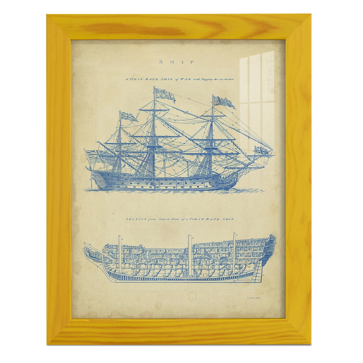 Vintage Ship Blueprint -Framed Print w/glass-Sunflower Yellow - Walmart.com
