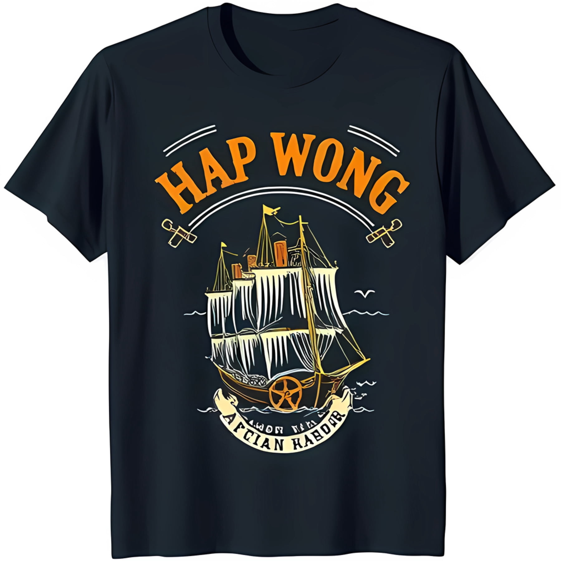 Vintage Ship Design Black T-Shirt with 'Wong Fei Hong' & 'Hap Wong ...