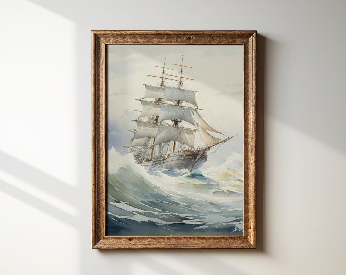 Vintage Ship Print, Vintage Nautical Theme Wall Art, Blue Seascape Art ...