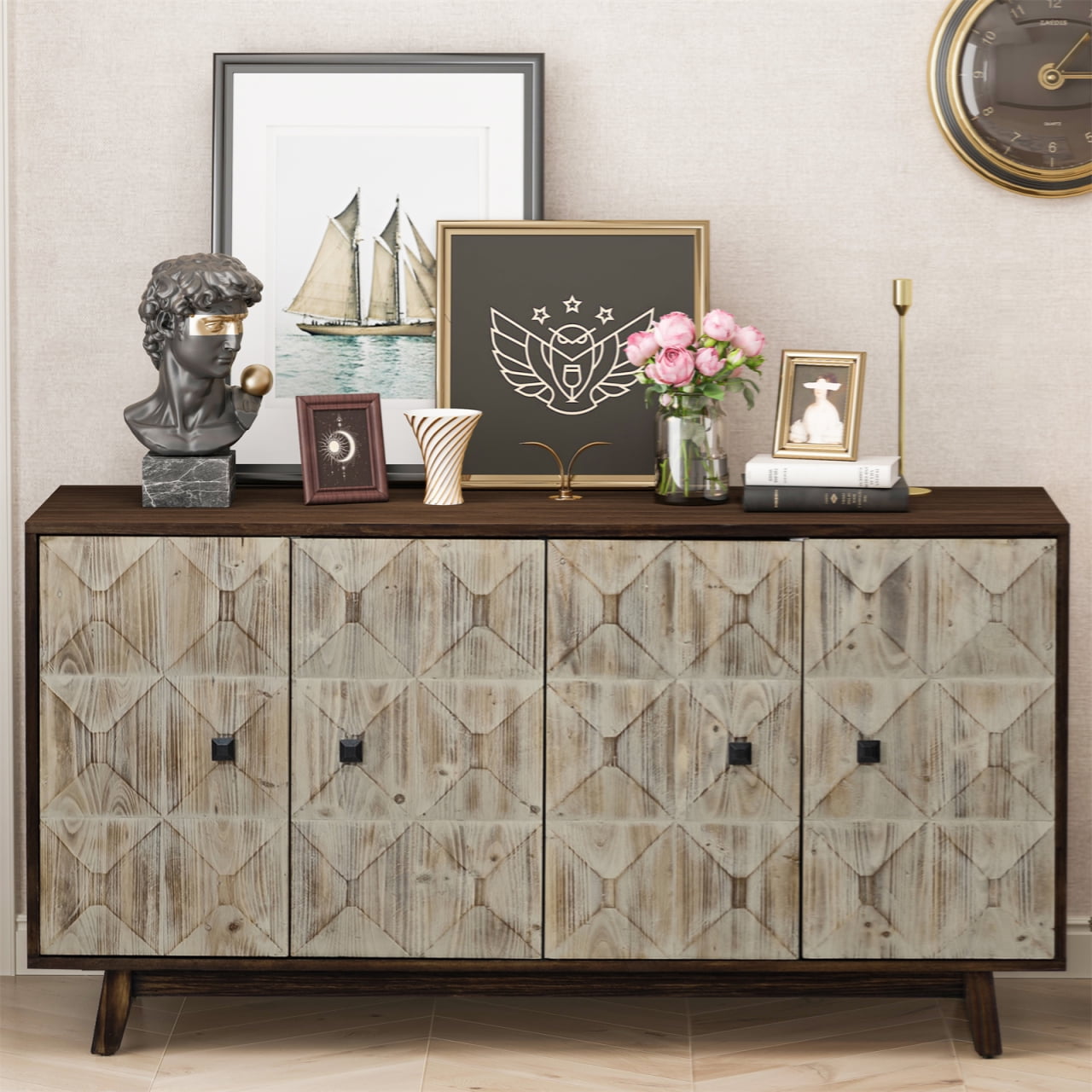 Vintage Sideboard with Three-Dimensional Relief Patterns and Metal ...
