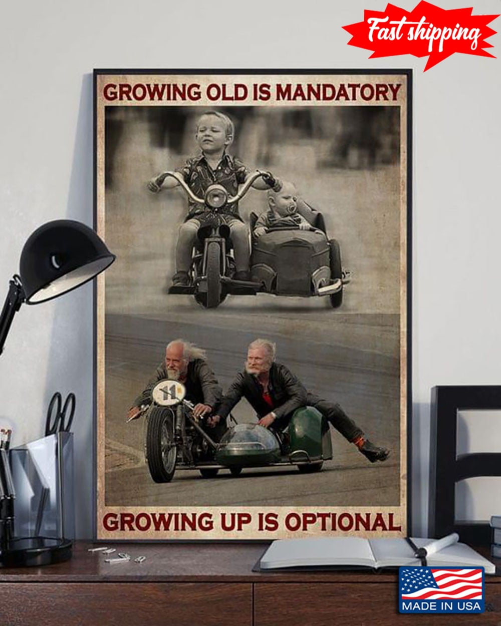 Vintage Sidecar Growing Old Is Mandatory Growing Up Is Optional 11 x 17 ...
