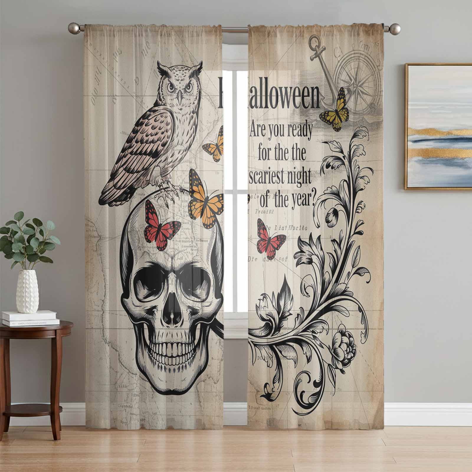 Vintage Skeleton Sheer Curtains 84 Inch Length 2 Panels Set, Owls ...