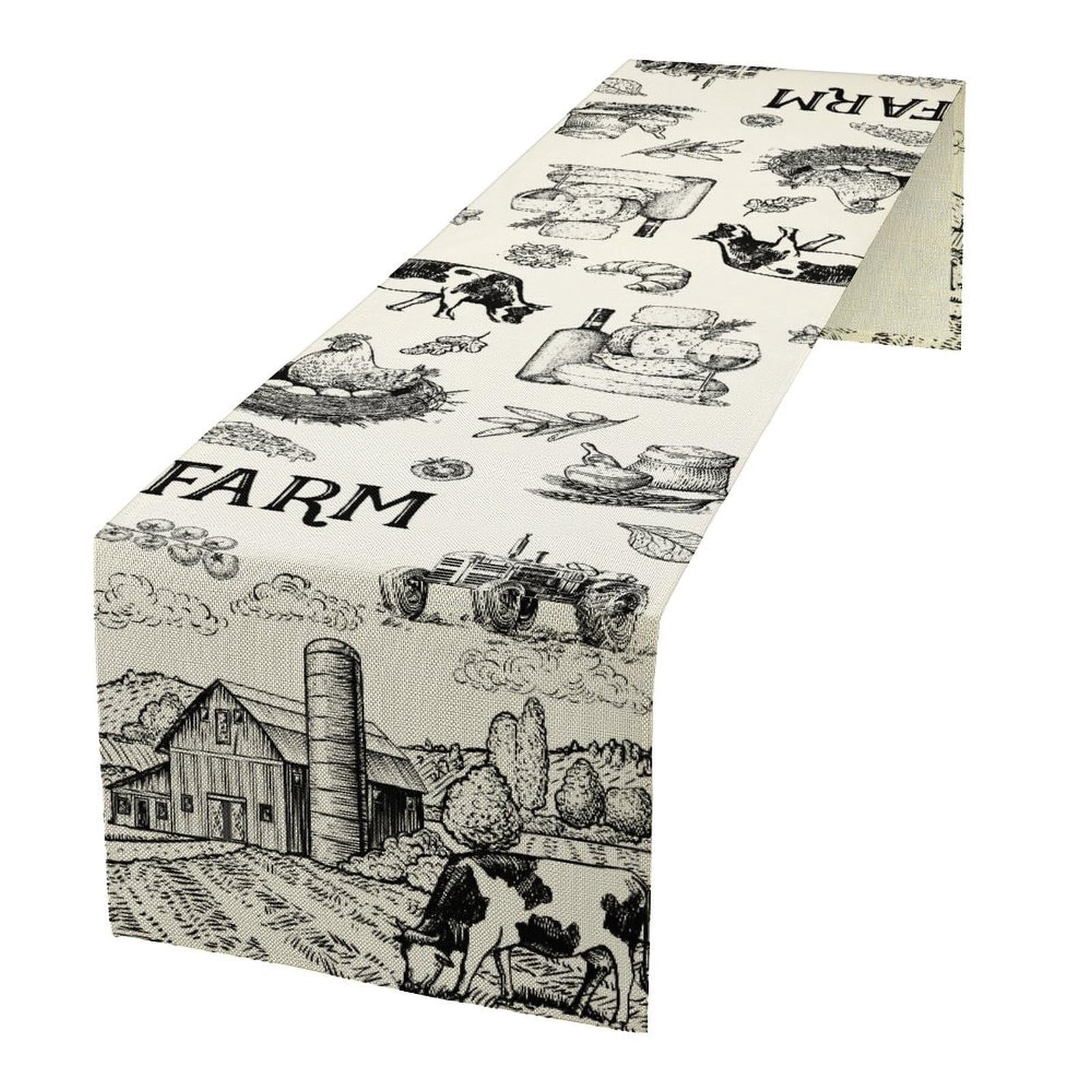 Vintage Sketch Farm Barn Cow Tractor Table Runner, Rustic Farmhouse ...