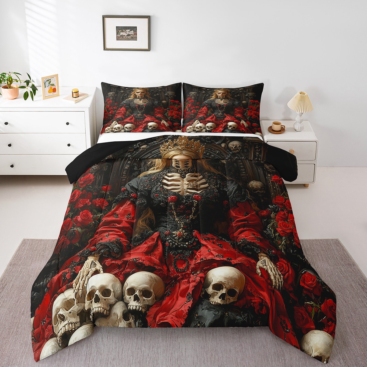 Vintage Skull Down Comforter Romantic Weeding King Bedding Set Red Rose ...