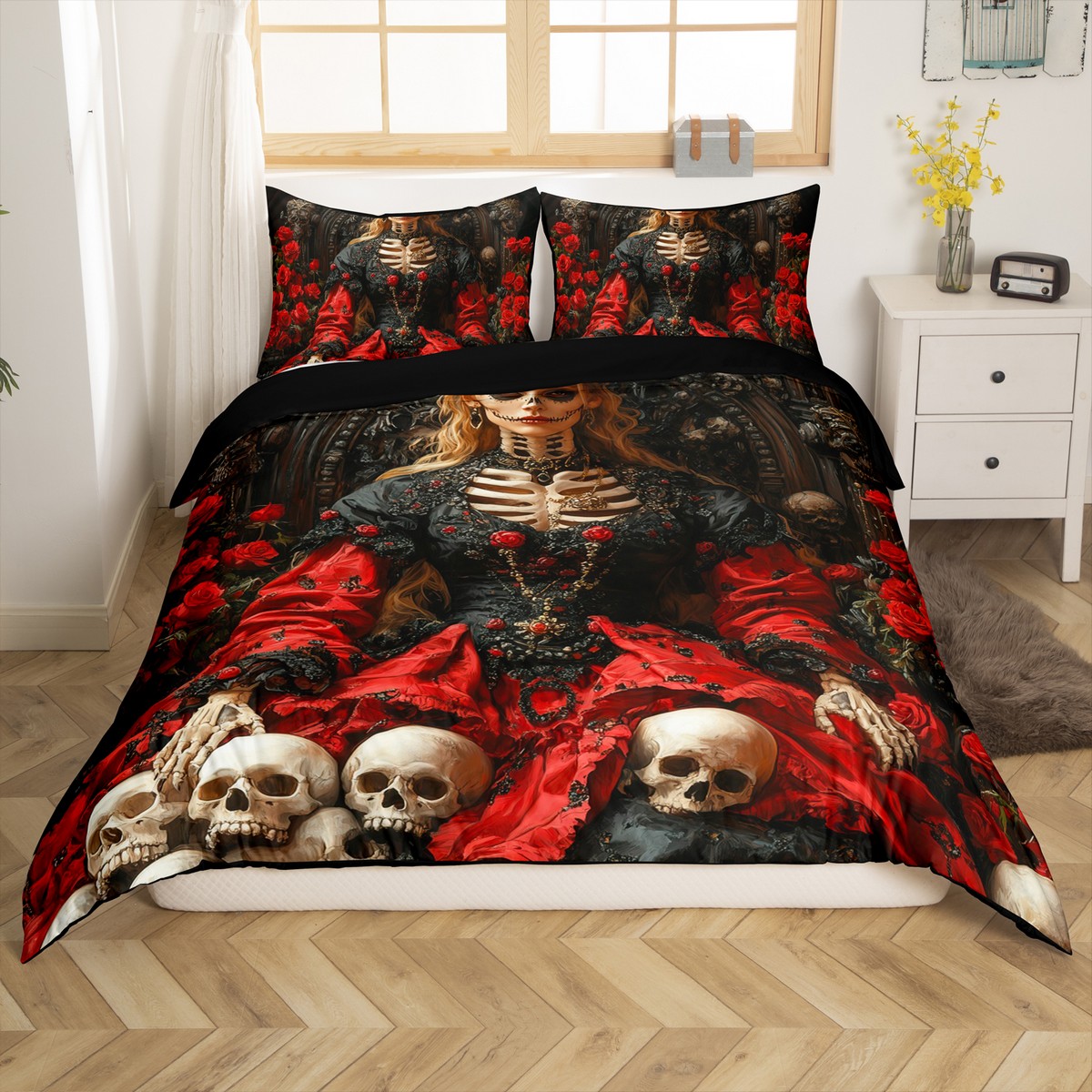 Vintage Skull Duvet Cover Romantic Weeding Bedding Set Red Rose Floral ...
