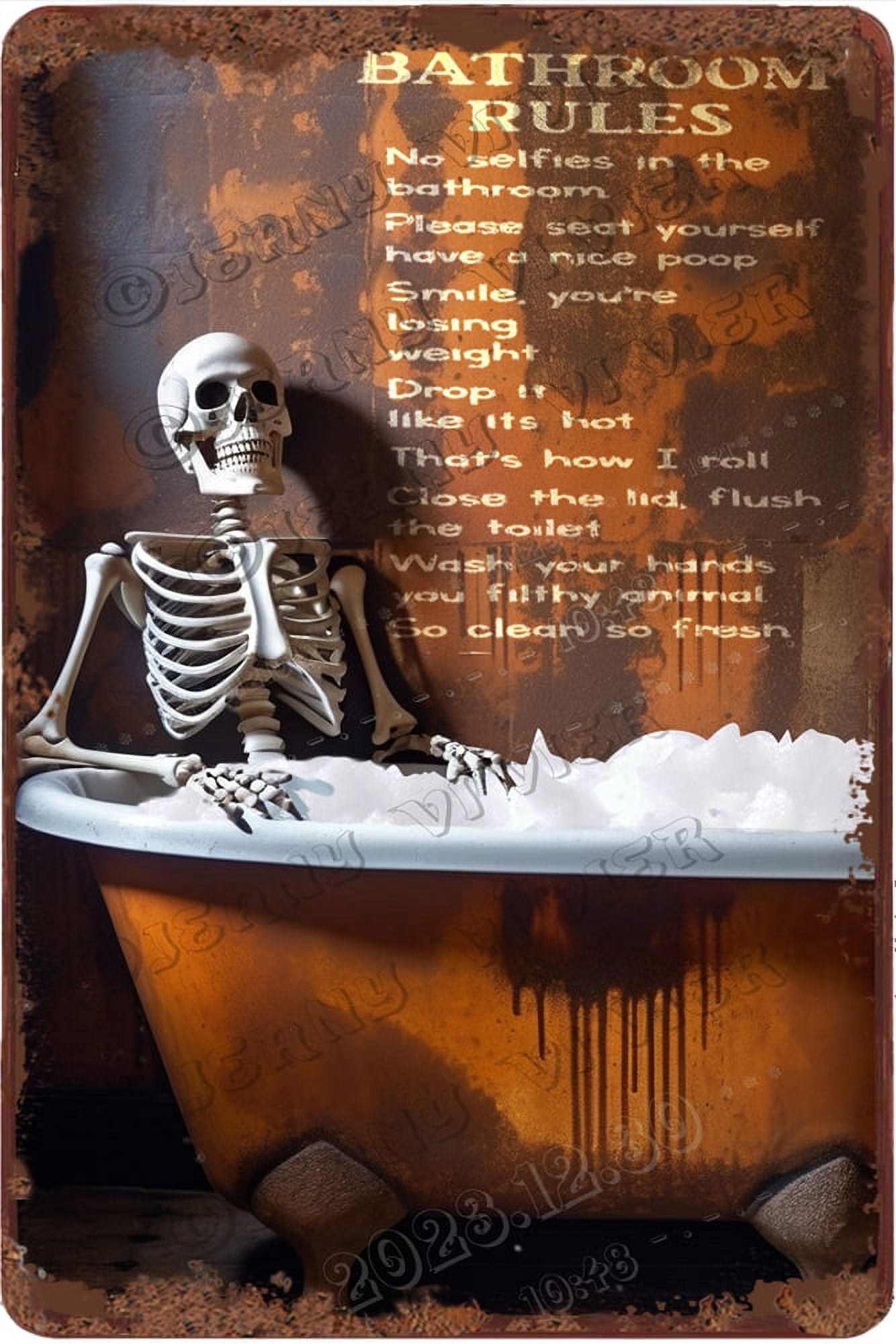 Vintage Skull Metal Wall Art Retro Skeleton in Bathtub Tin Sign Happy ...