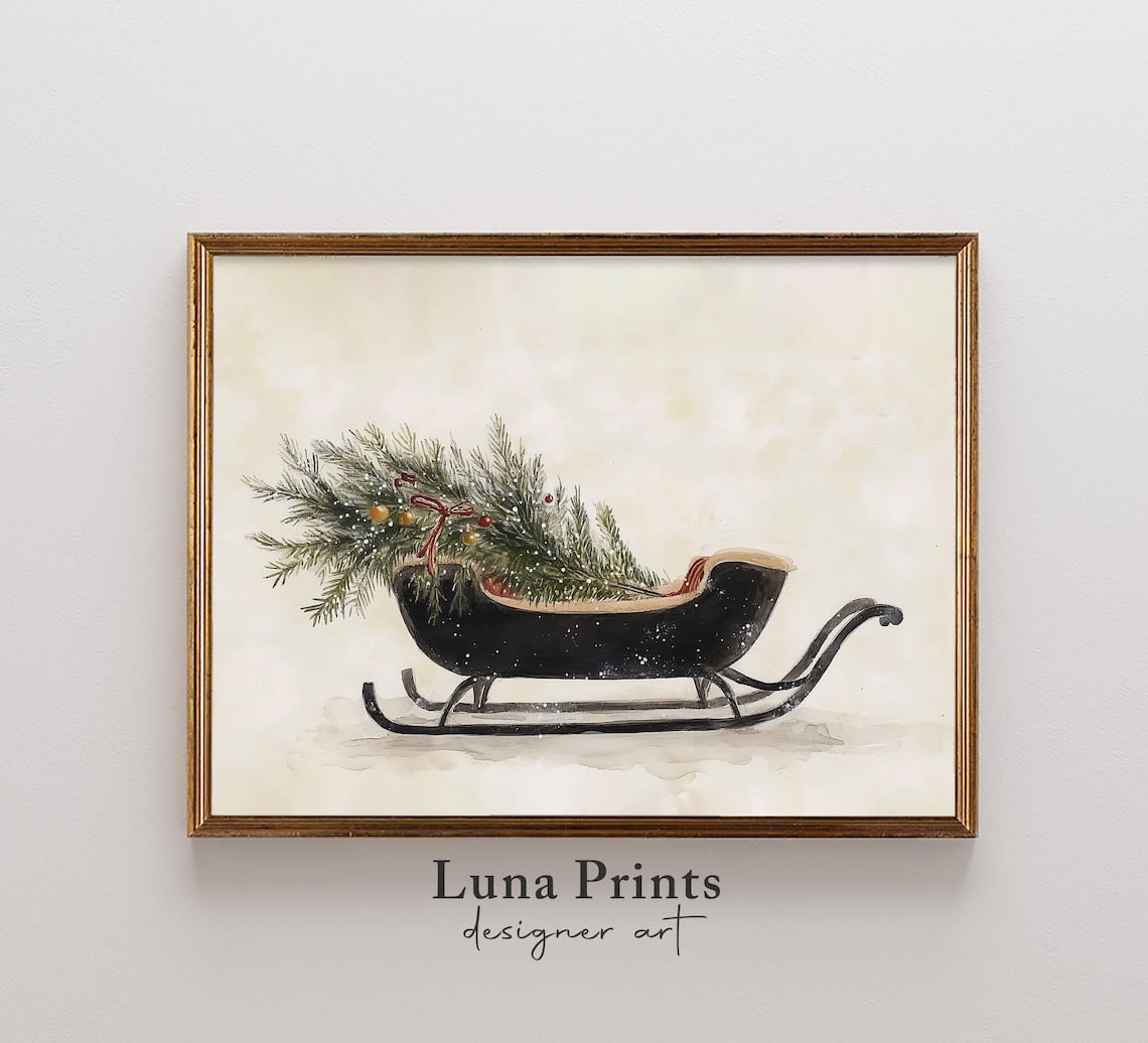 Vintage Sleigh Ride Poster, Rustic Holiday Wall Art, Winter Farm Scene ...