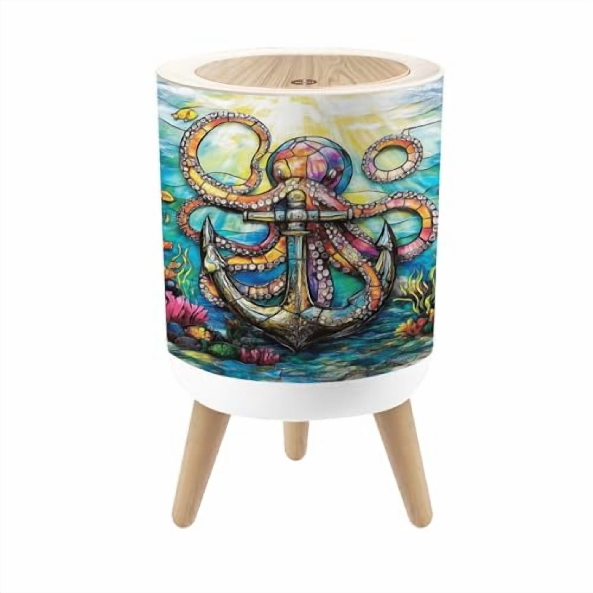 Vintage Small Trash Can with Lid Colossal Stained Glass Octopus Anchor ...