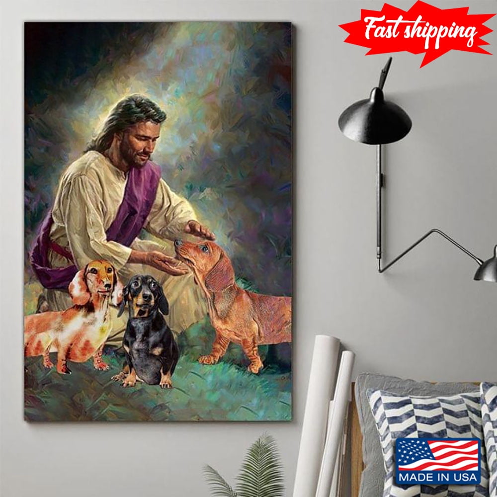 Vintage Smiling Jesus Christ Cuddling Dachshund Dogs 16 x 24 Inch ...