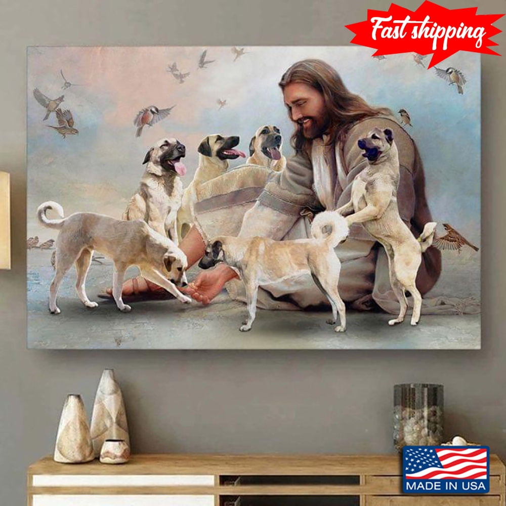 Vintage Smiling Jesus Christ Playing With Anatolian Shepherd Dogs And ...