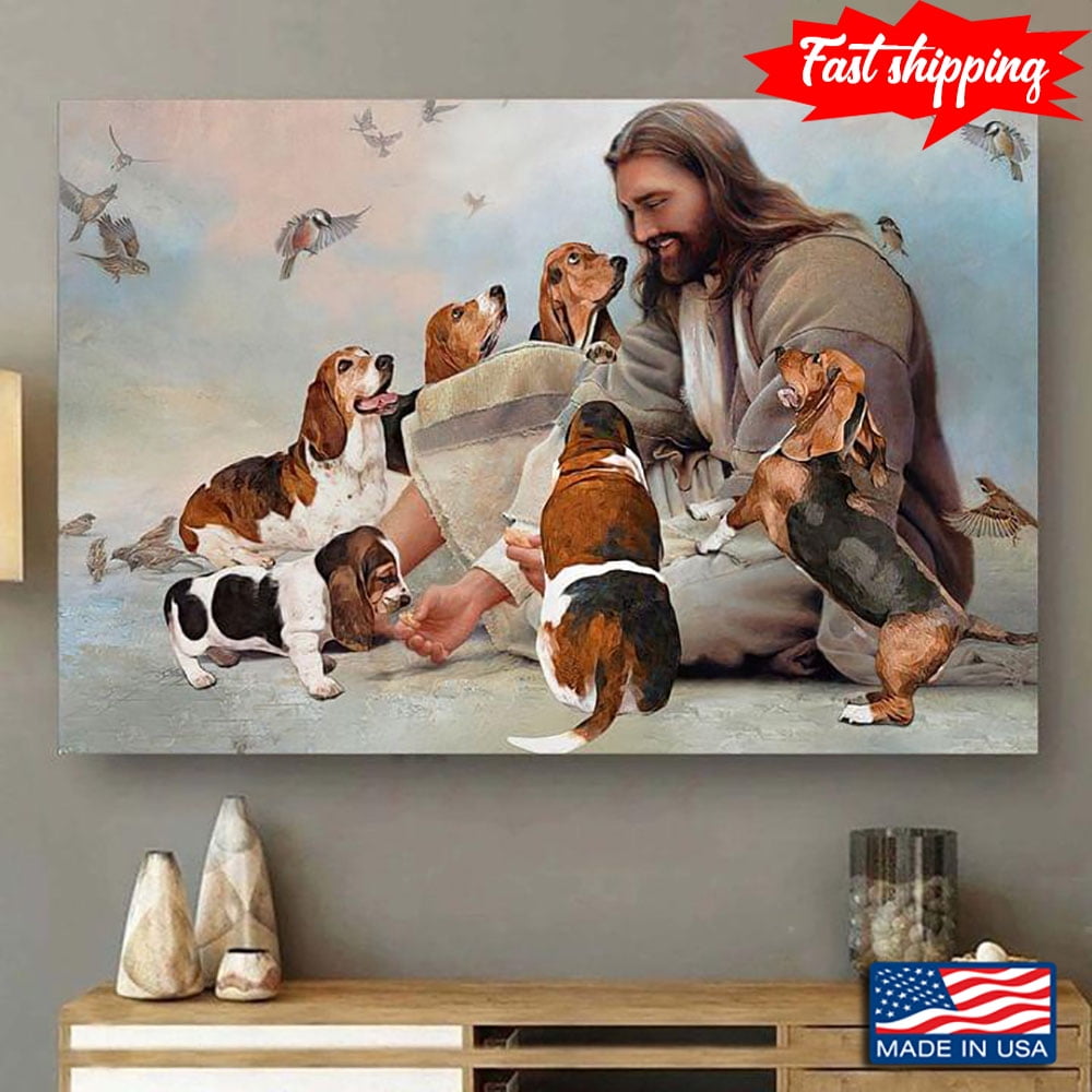 Vintage Smiling Jesus Christ Playing With Basset Hound Dogs And Birds ...