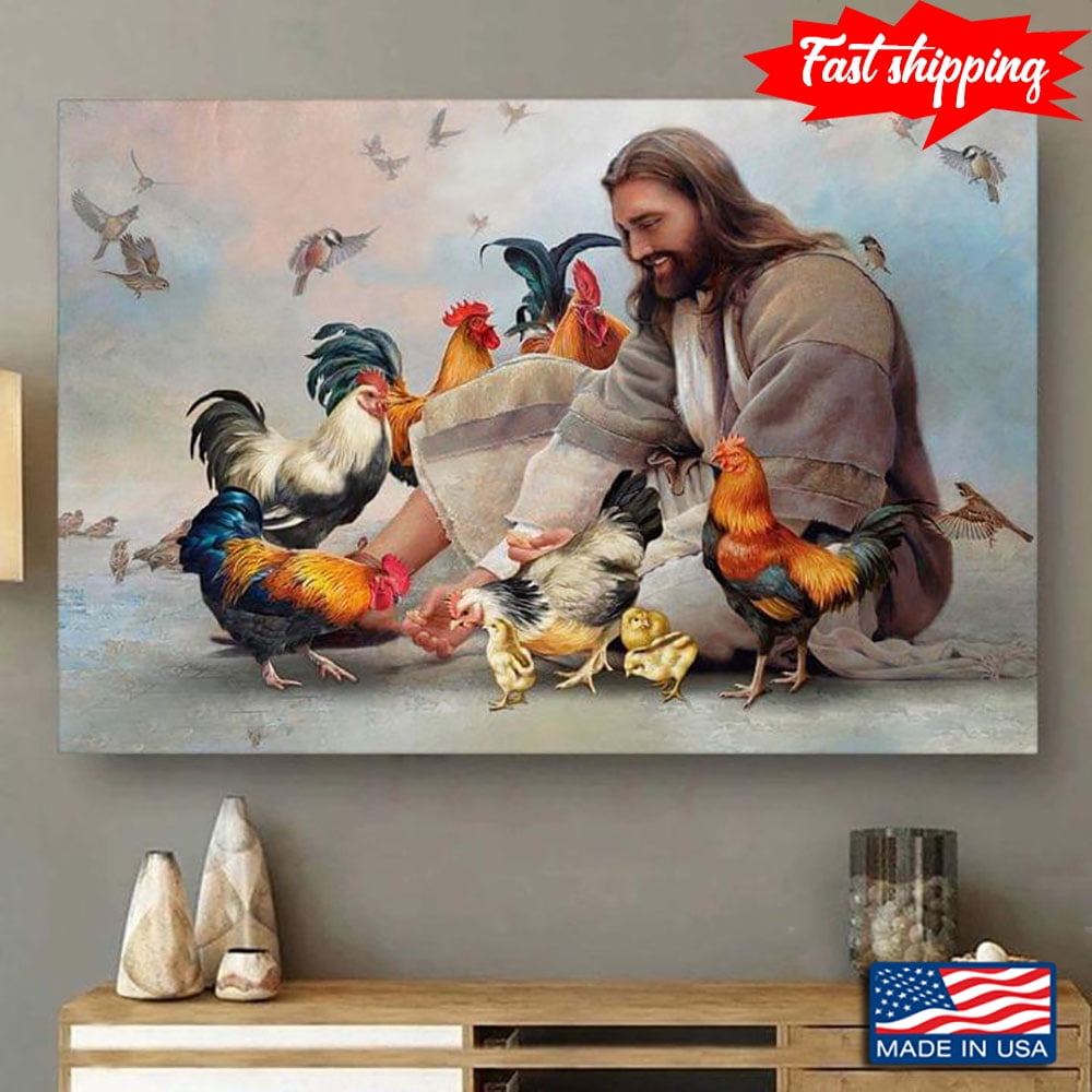 Vintage Smiling Jesus Christ Playing With Chickens And Birds Flying ...