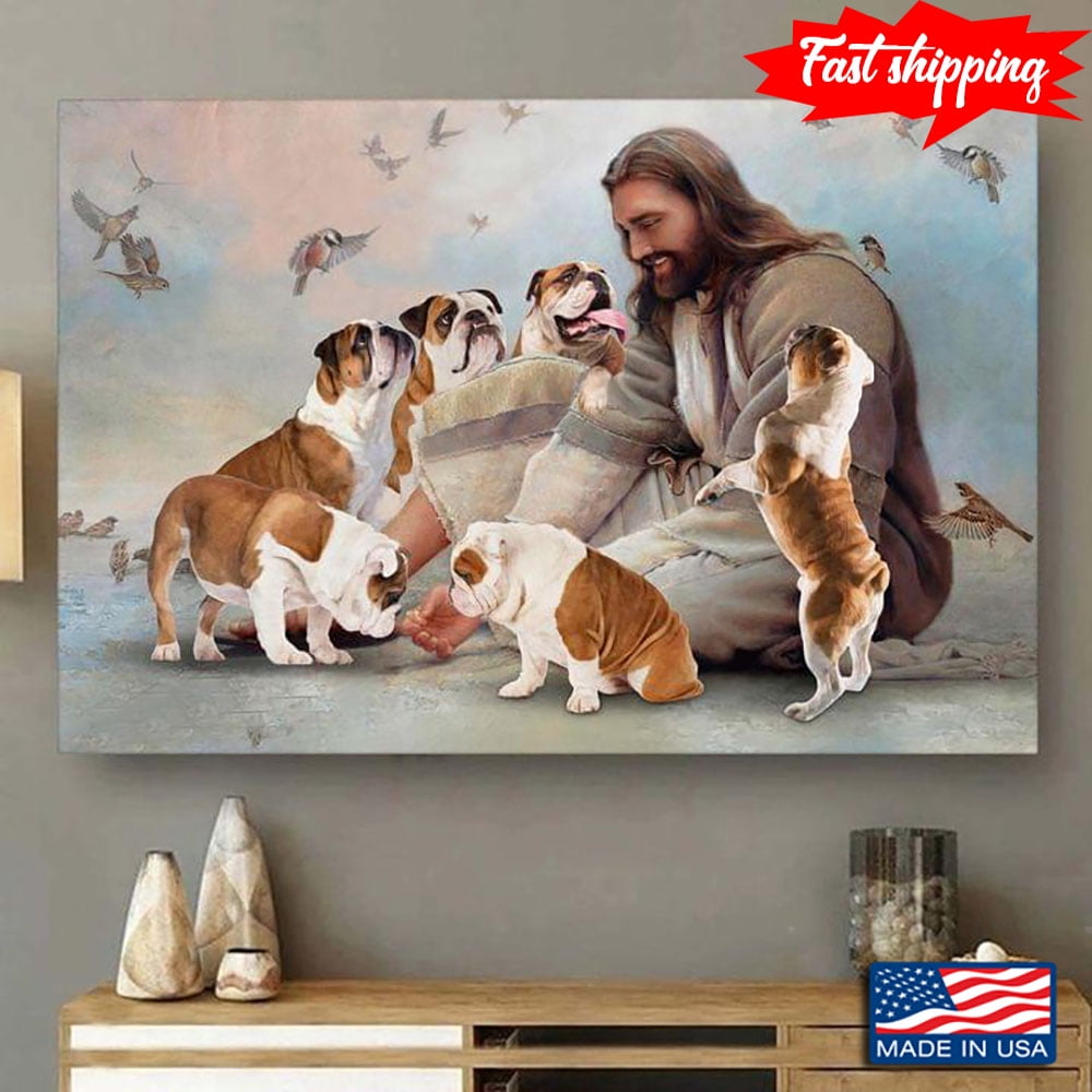 Vintage Smiling Jesus Christ Playing With English Bulldog Dogs And ...