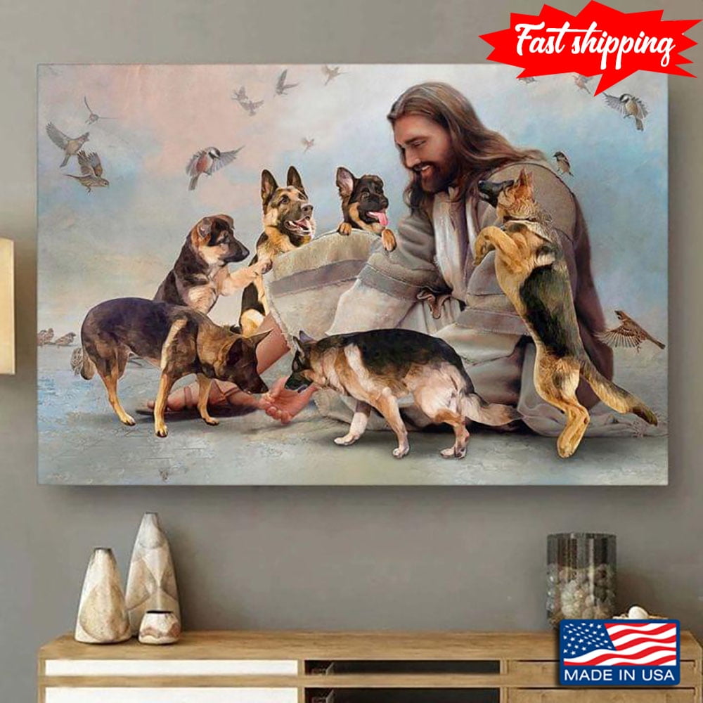 Vintage Smiling Jesus Christ Playing With German Shepherd Dogs And ...