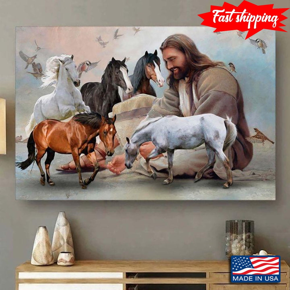 Vintage Smiling Jesus Christ Playing With Horses And Birds Flying ...