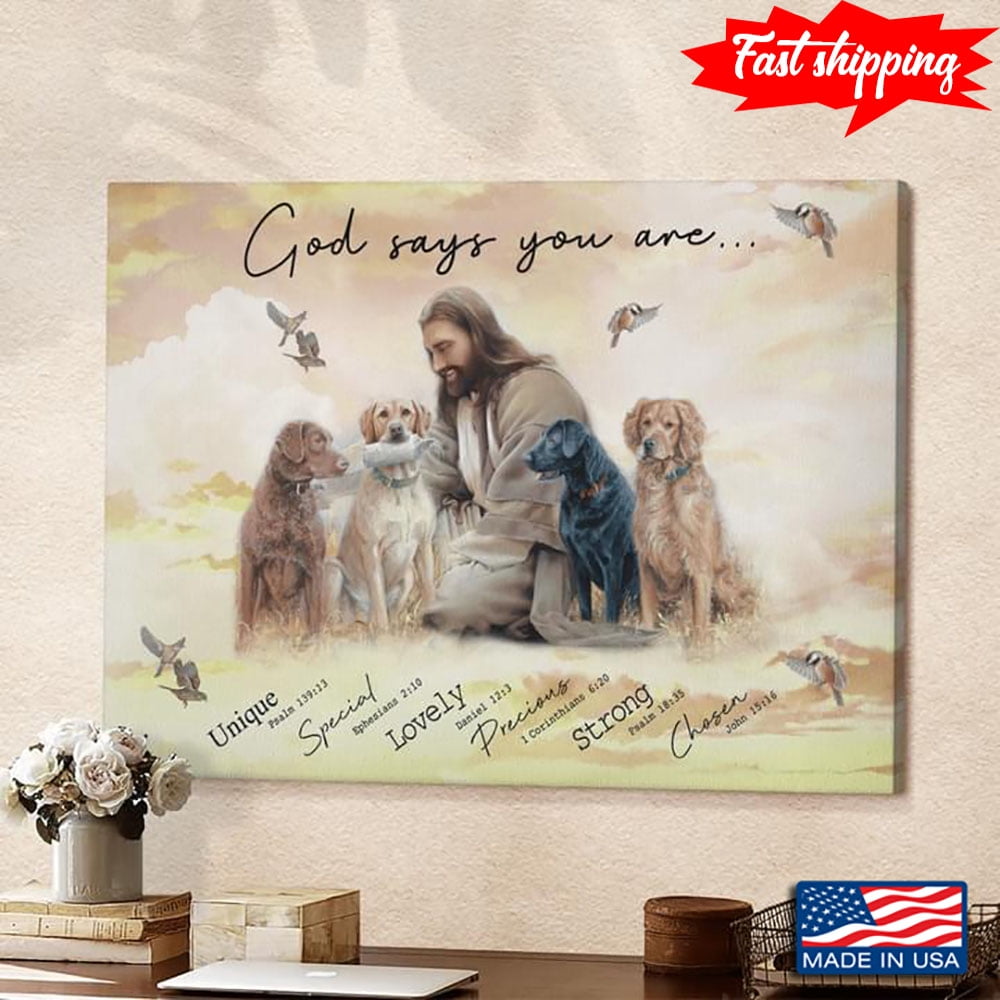 Vintage Smiling Jesus Christ Playing With Labrador Retriever Dogs And ...