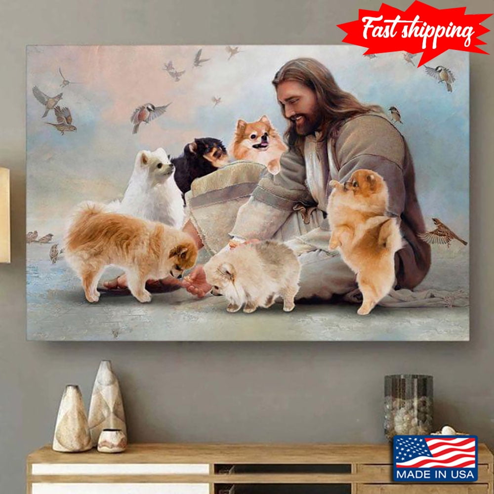 Vintage Smiling Jesus Christ Playing With Pomeranian Dogs And Birds ...