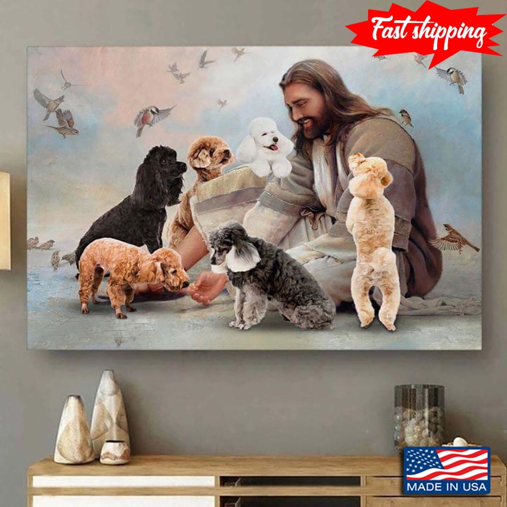 Vintage Smiling Jesus Christ Playing With Poodle Dogs And Birds Flying ...