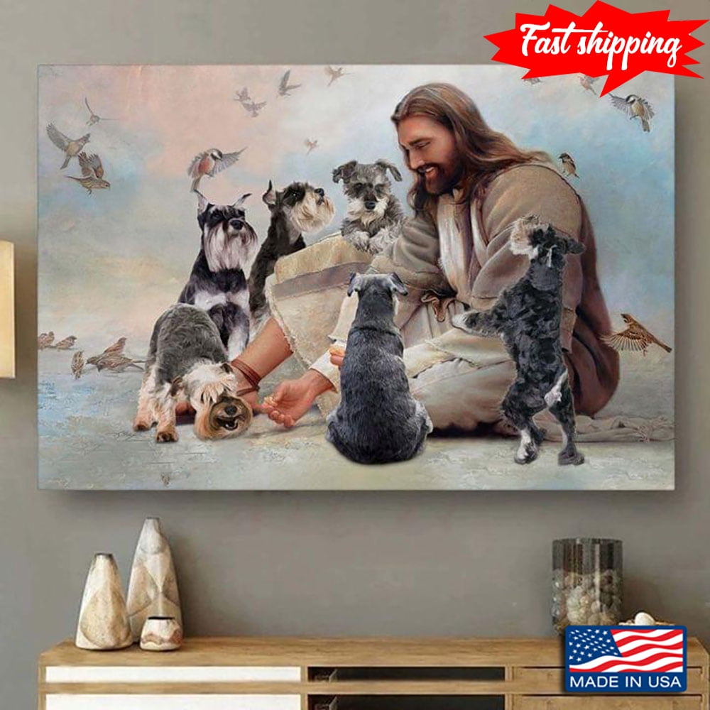 Vintage Smiling Jesus Christ Playing With Schnauzer Dogs And Birds ...