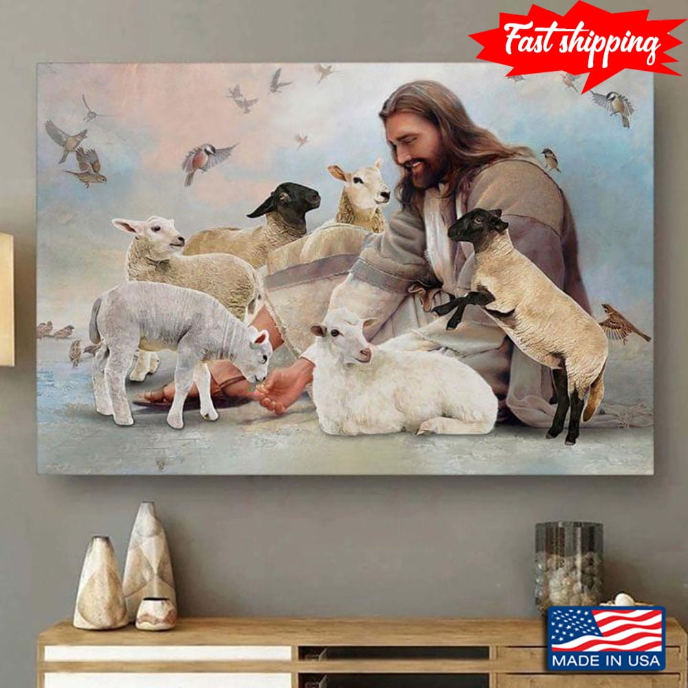 Vintage Smiling Jesus Christ Playing With Sheep And Birds Flying Around ...