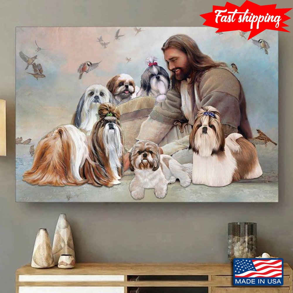 Vintage Smiling Jesus Christ Playing With Shih Tzu Dogs And Birds ...