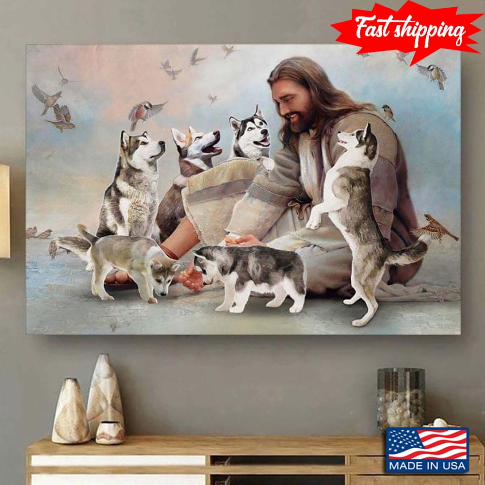 Vintage Smiling Jesus Christ Playing With Siberian Husky Dogs And Birds ...