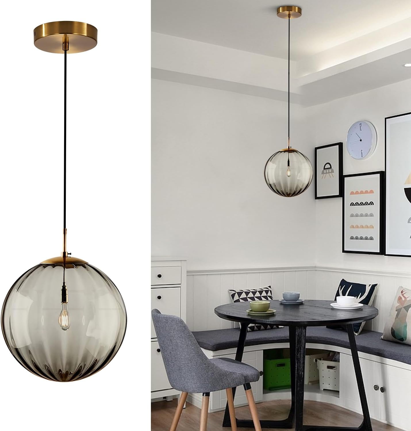 Vintage Smoke Glass Pendant Light Large Globe Pendant Light Brushed ...