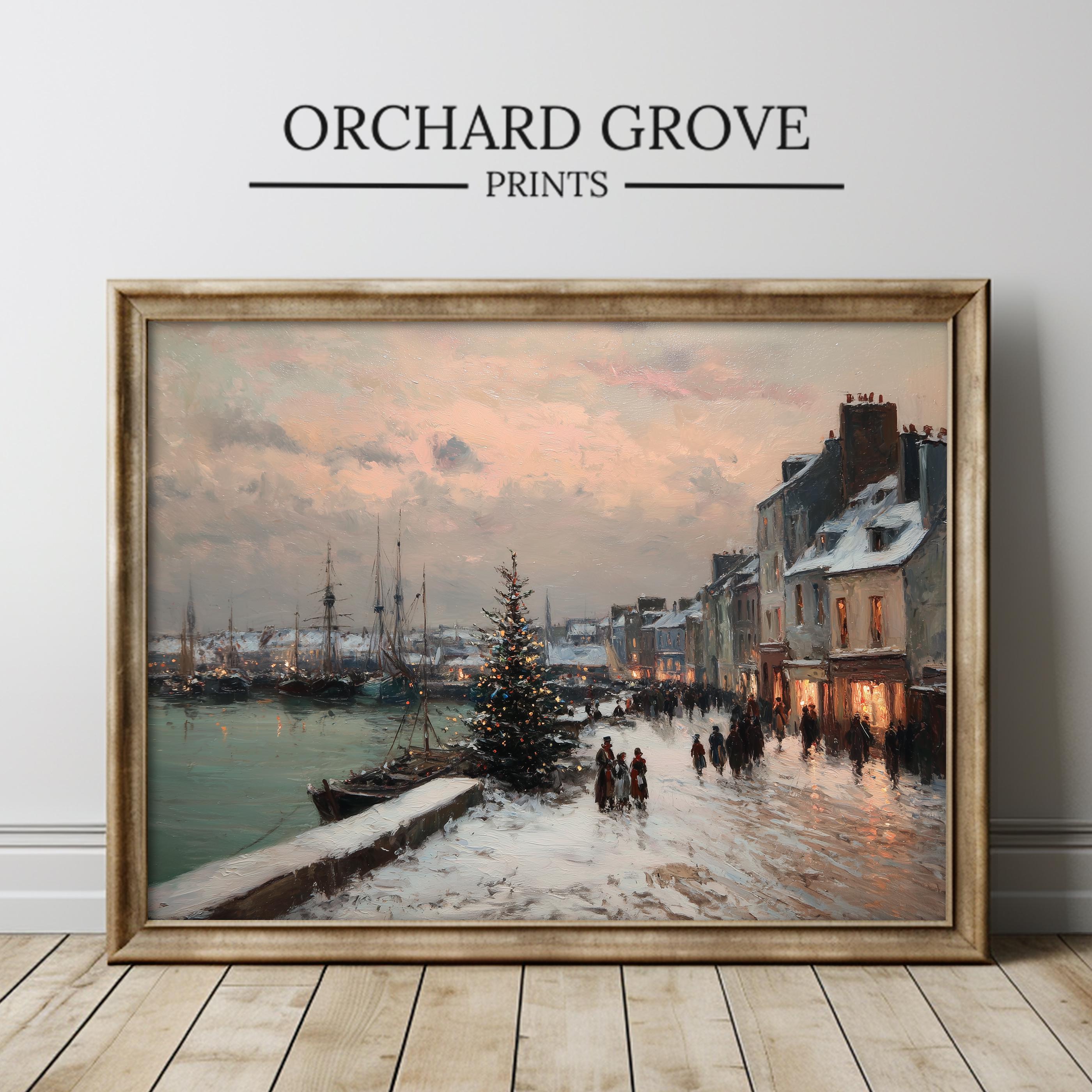 Vintage Snowy Harbor Town, Festive Kristmas Scene, Winter Coastal ...