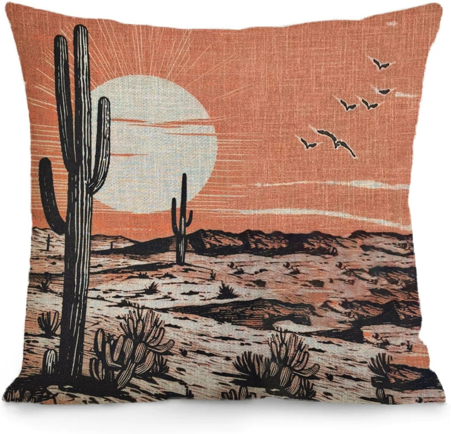 Vintage Southwestern Landscape Pillow Cover 18x18 inch Sofa Cactus Pillowcase Western Equestrian ...