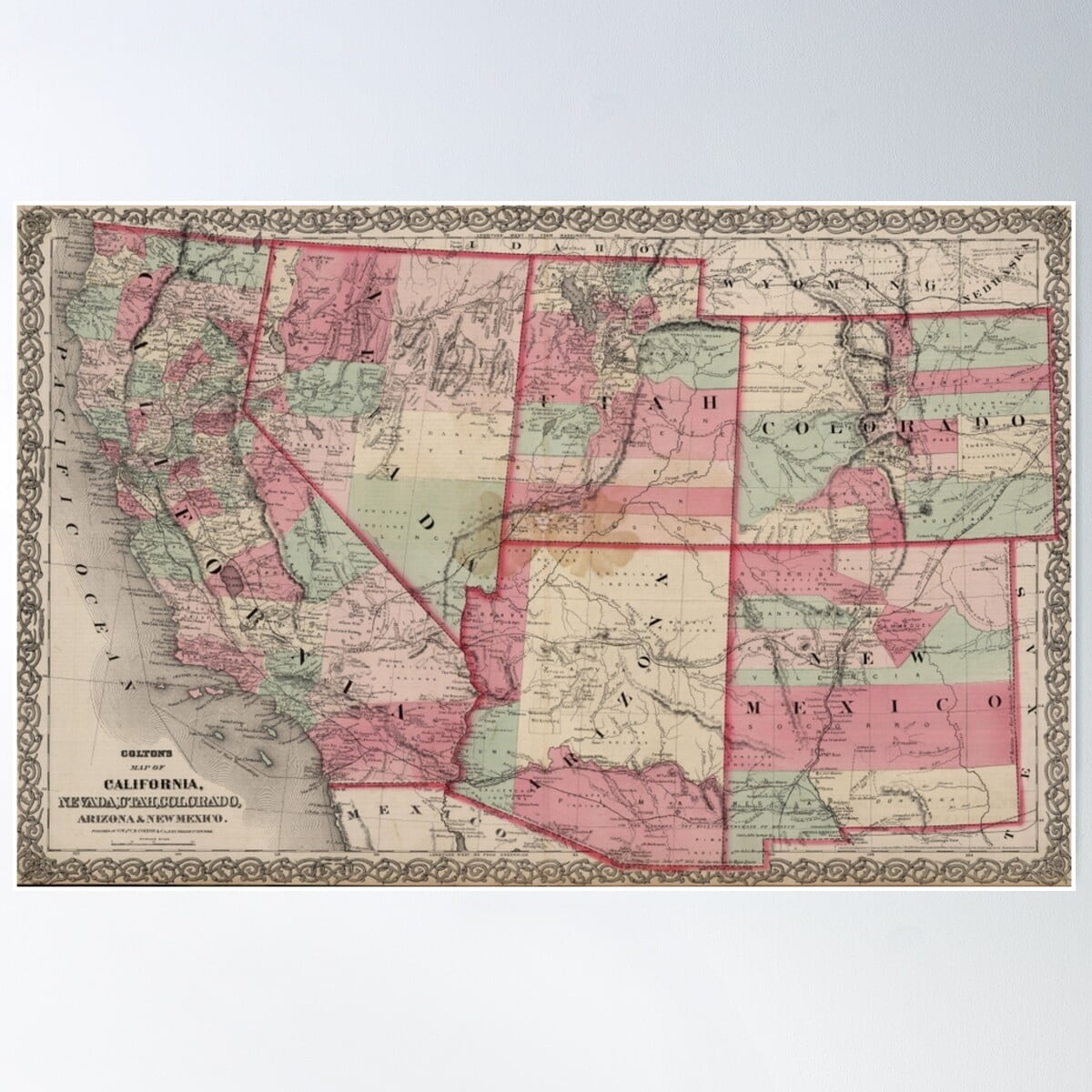 Vintage Southwestern United States Map (1869) Poster Wall Art, Modern ...