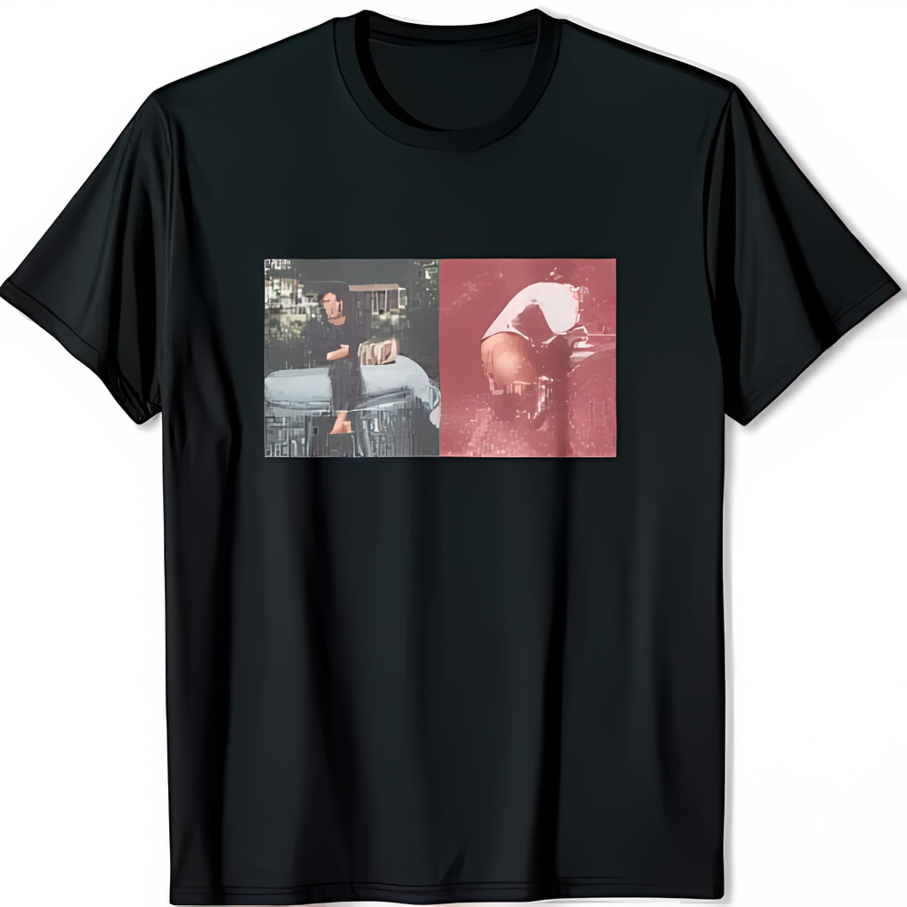 Vintage Split Image Black T-Shirt Woman on Bed & Man Kneeling Design ...