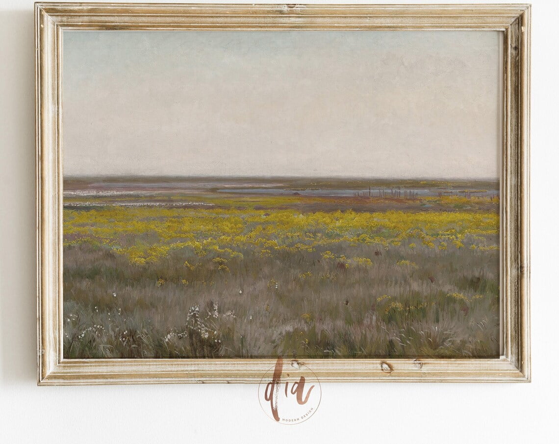 Vintage Spring Country Field, Antique Painting, Meadow With Yellow ...