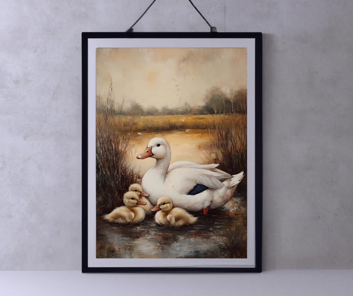 Vintage Spring Ducks Art Print Easter Rustic Wall Decor Neutral Beige Cottagecore Oil Painting ...