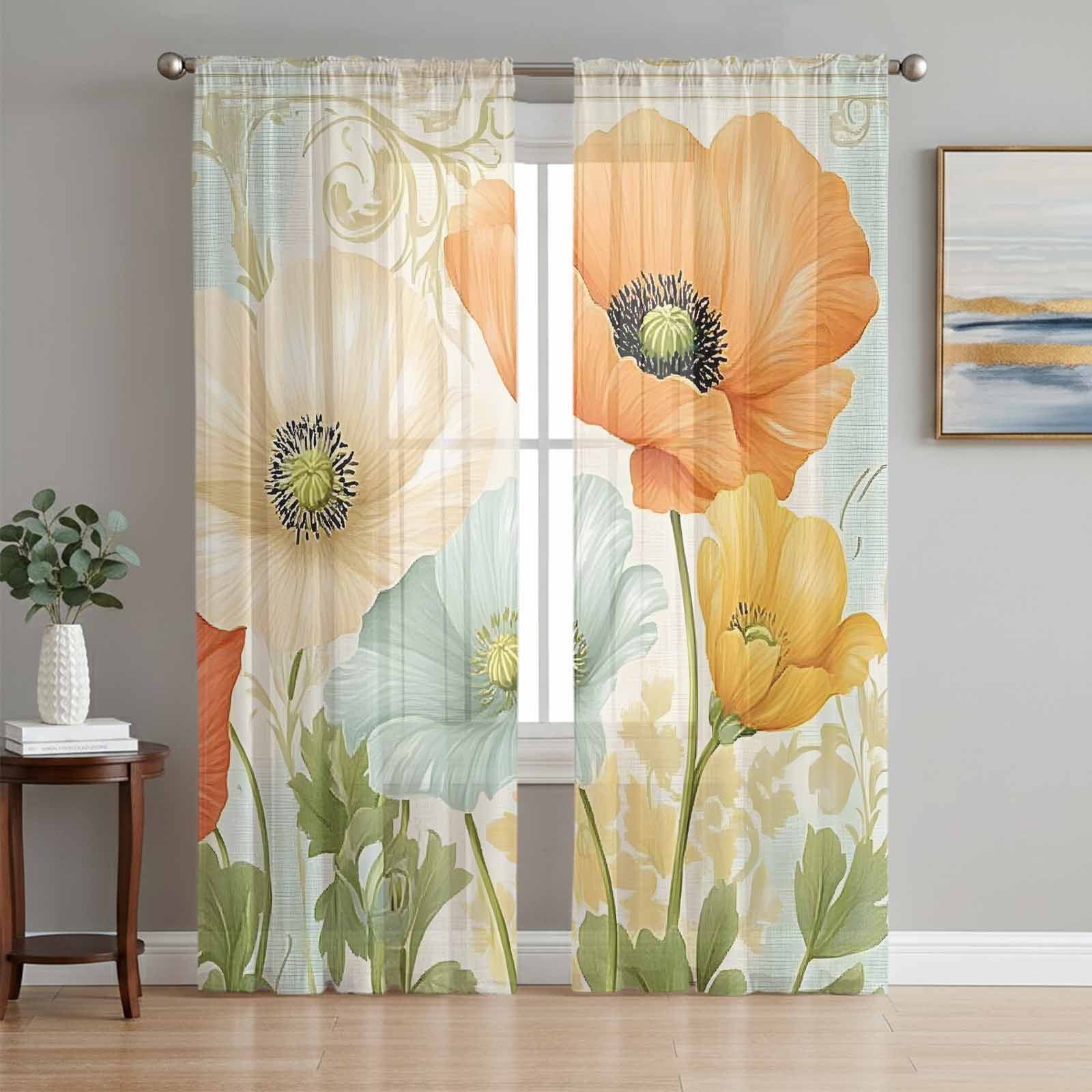 Vintage Spring Floral Sheer Curtains 72 Inch Length 2 Panels Set ...