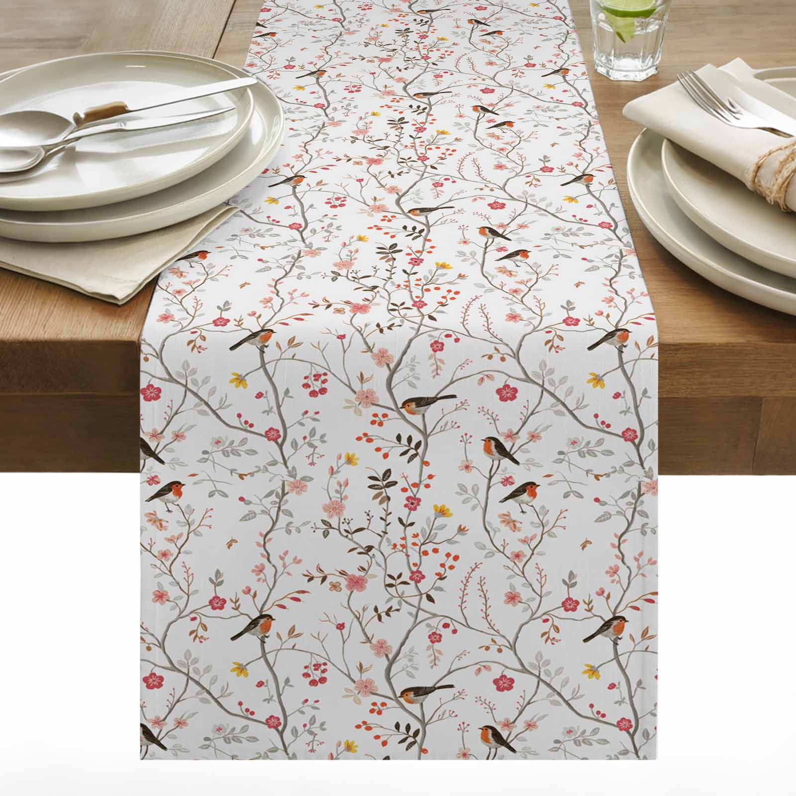 Vintage Spring Wallpaper Cotton Linen Table Runner Bird Red Flower ...