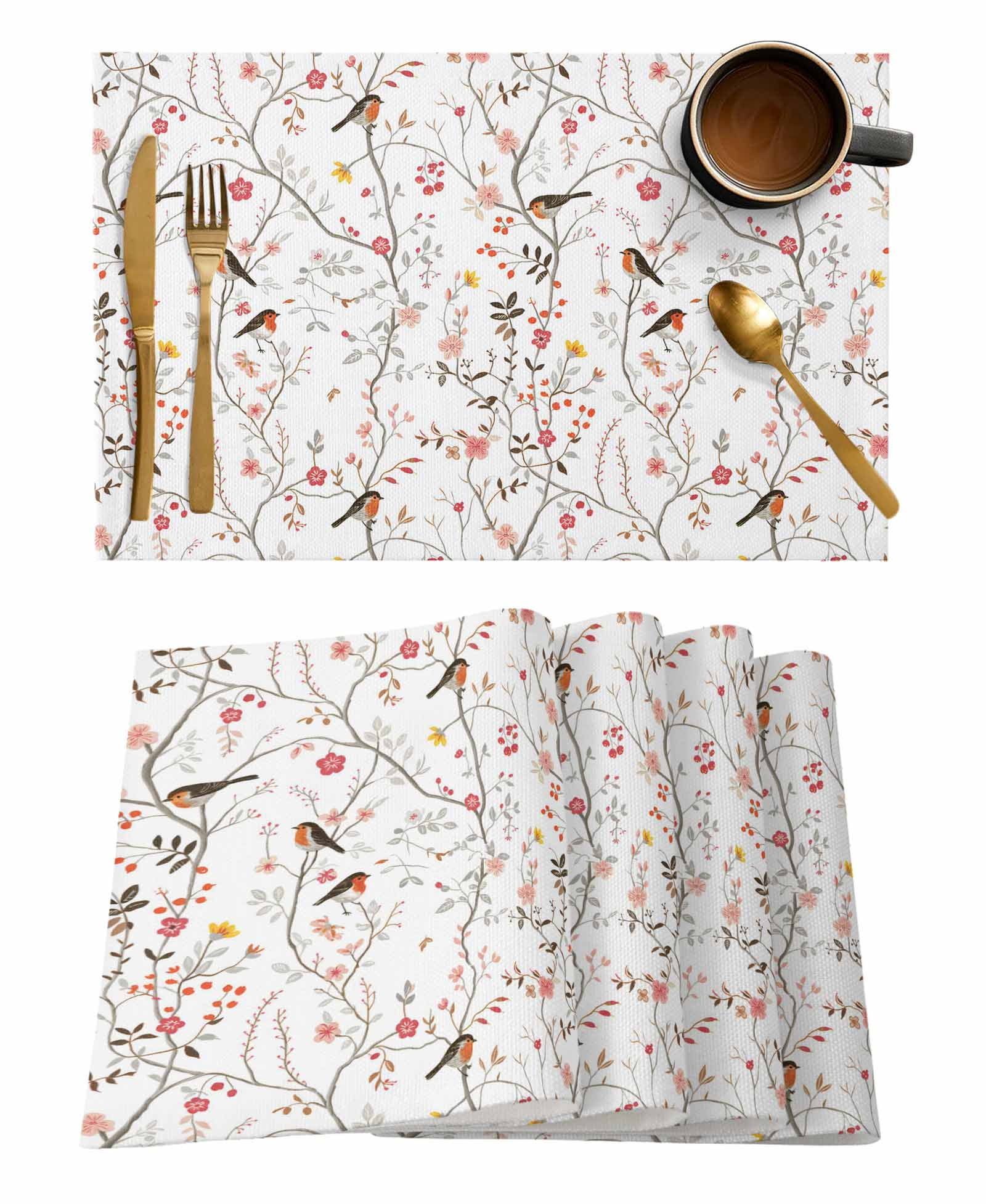 Vintage Spring Wallpaper Placemats Set of 1 Bird Red Floral Plants ...