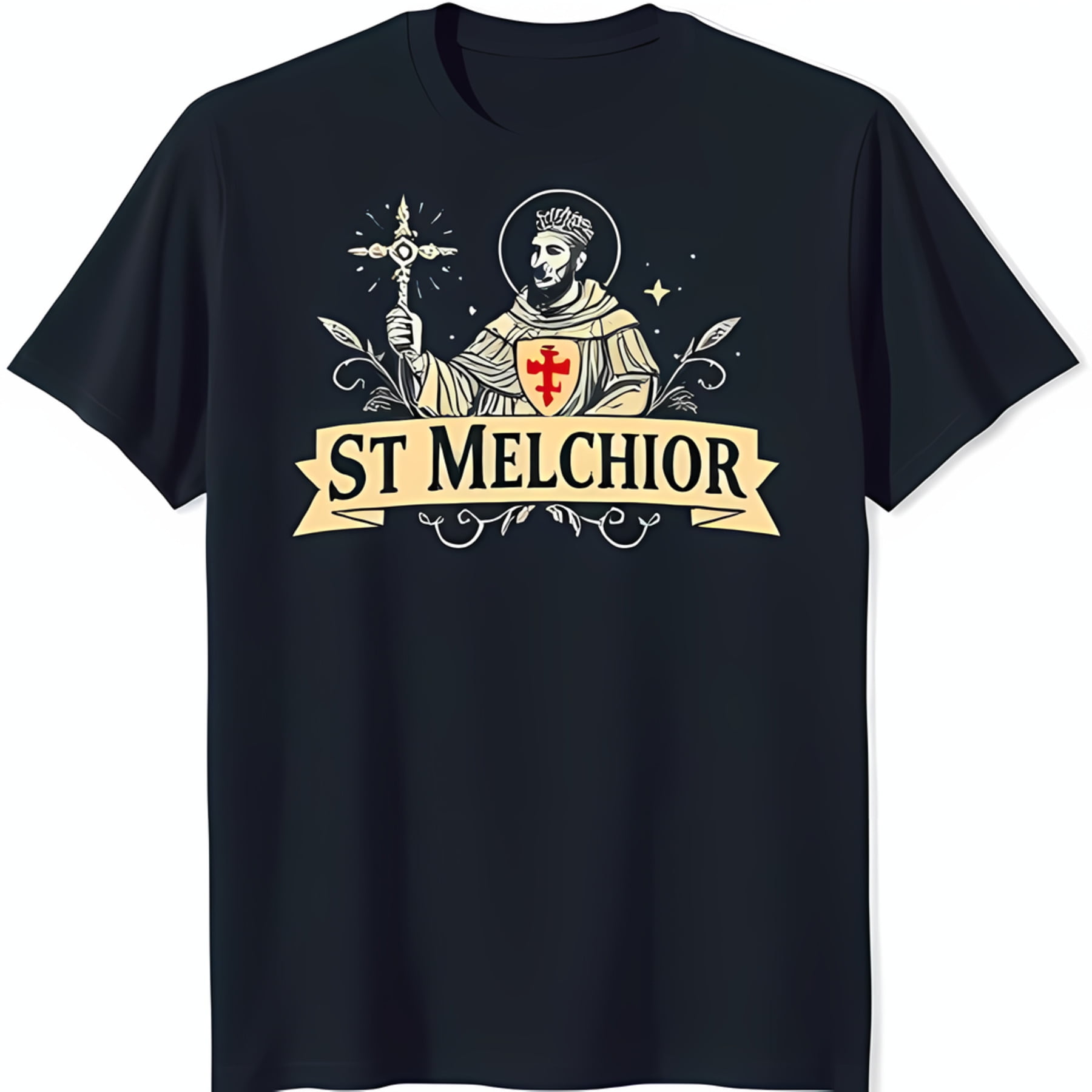 Vintage St Melchior Illustration Black T-Shirt Medieval Design with ...