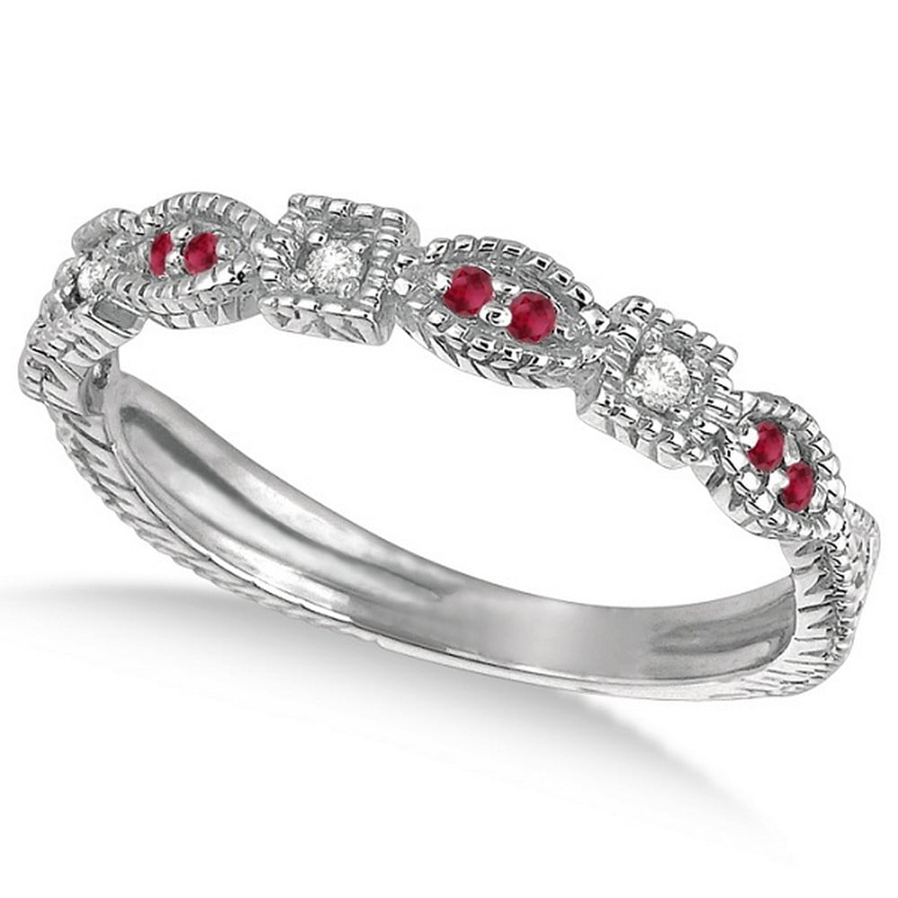 Vintage Stackable Diamond and Ruby Ring 14k White Gold (0.15ct ...