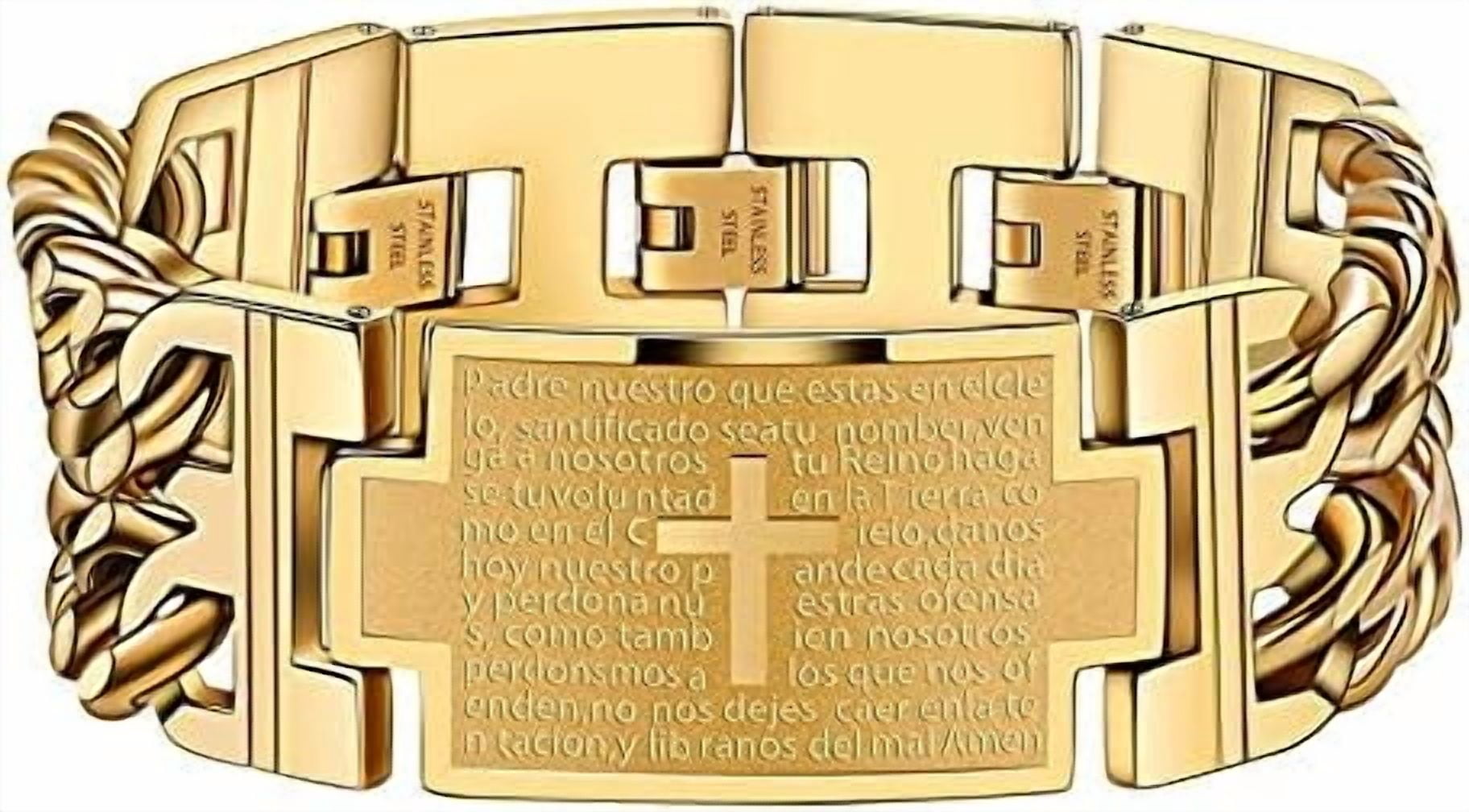 Vintage Stainless Steel Cross English Bible Lords Prayer Link Wrist ...